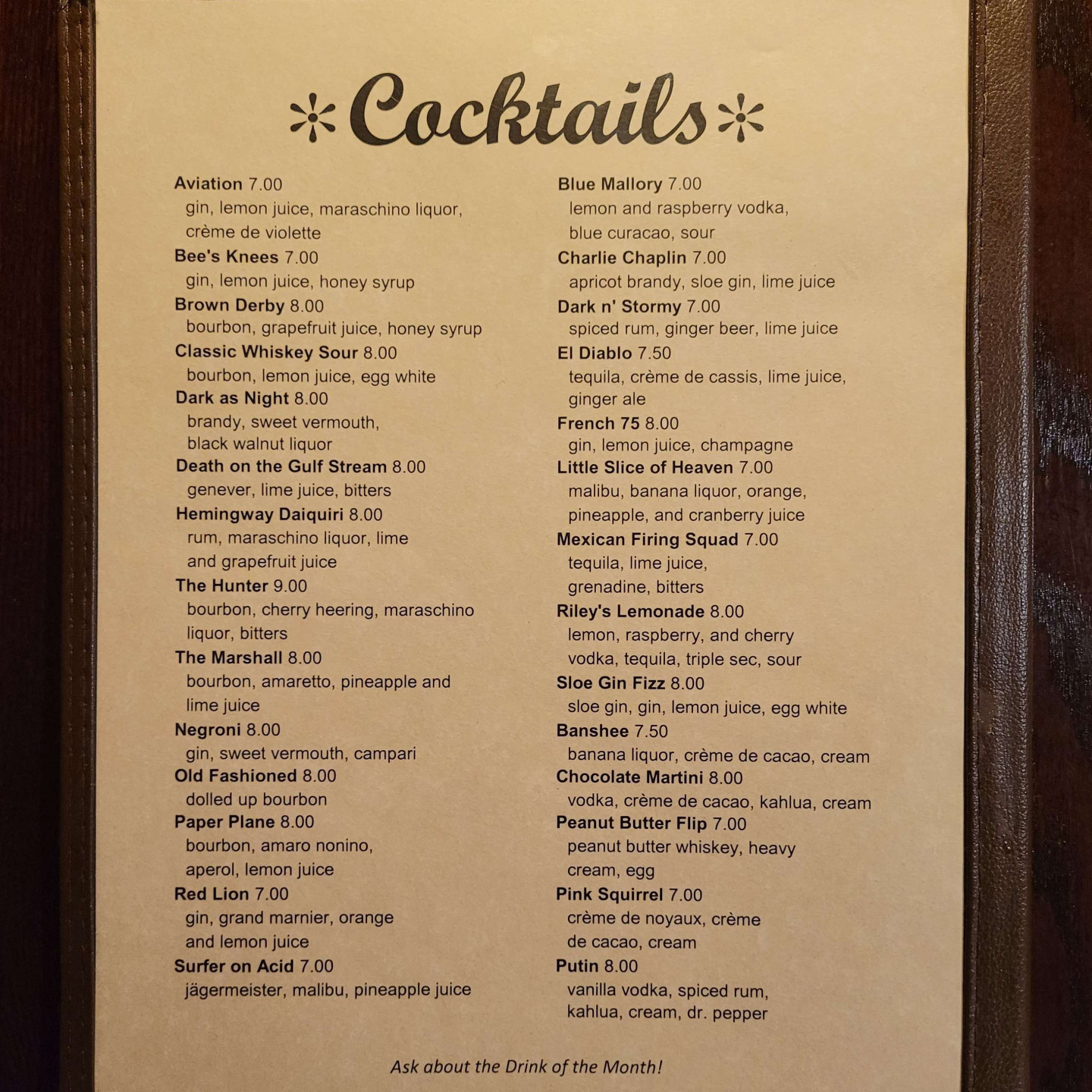 Cocktail Menu | The Leaning Side Restaurant & Bar