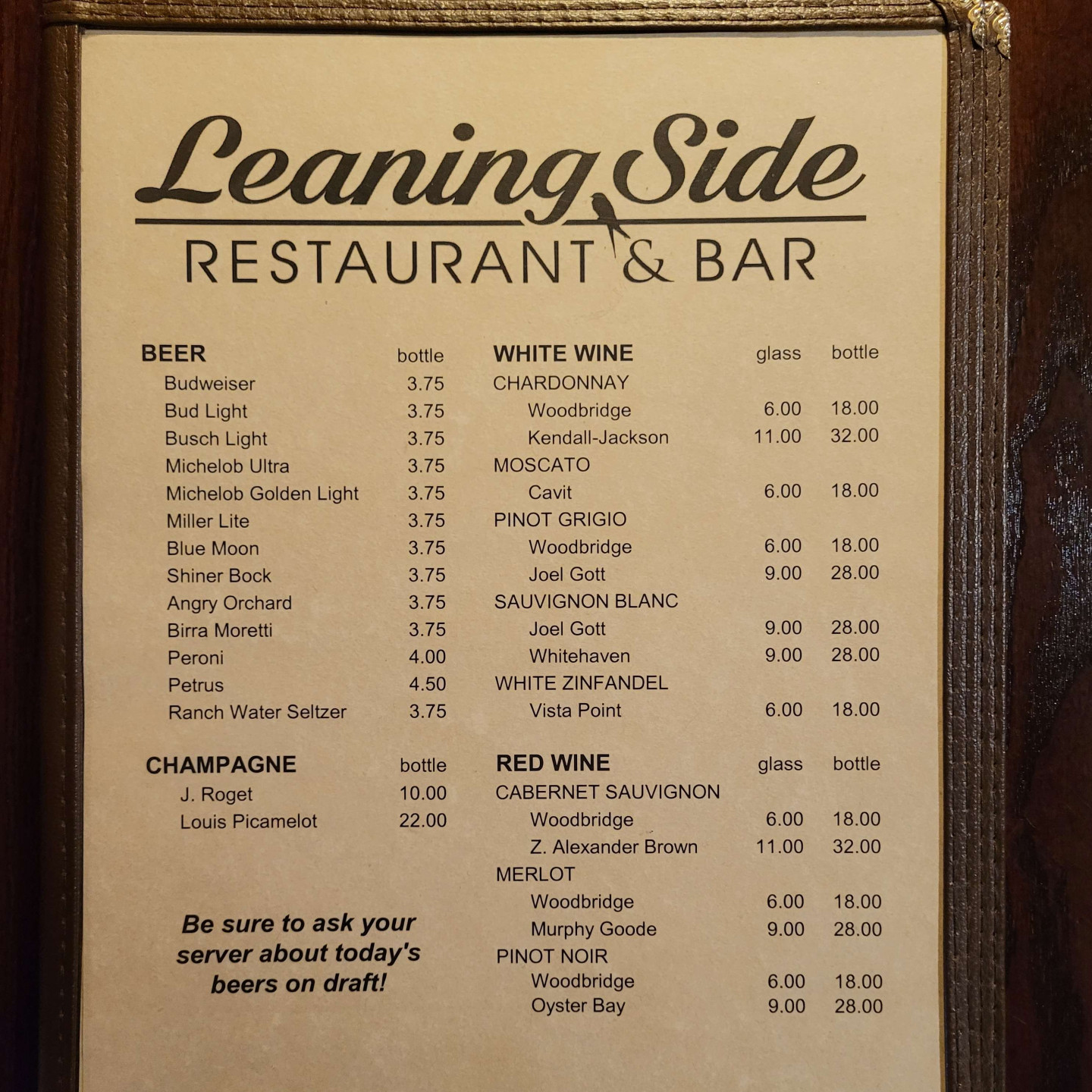 Beer & Wine Menu | The Leaning Side Restaurant & Bar